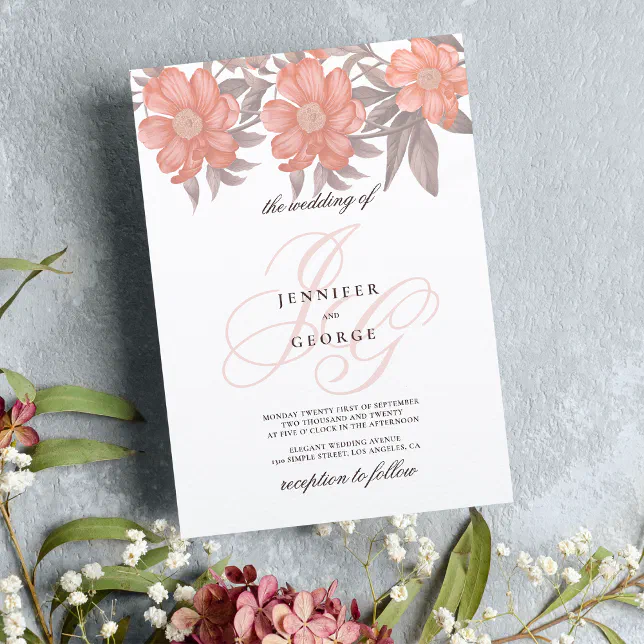 Coral soft gray monogram initials floral wedding invitation | Zazzle