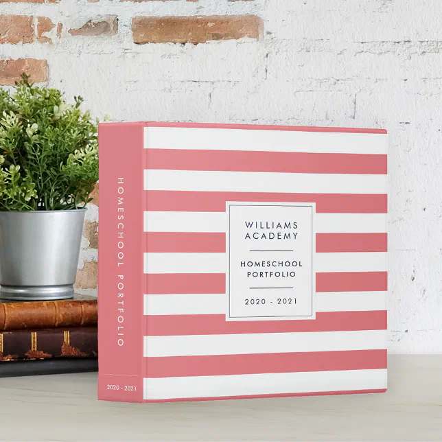 Coral Stripe Personalized Homeschool Portfolio 3 Ring Binder | Zazzle