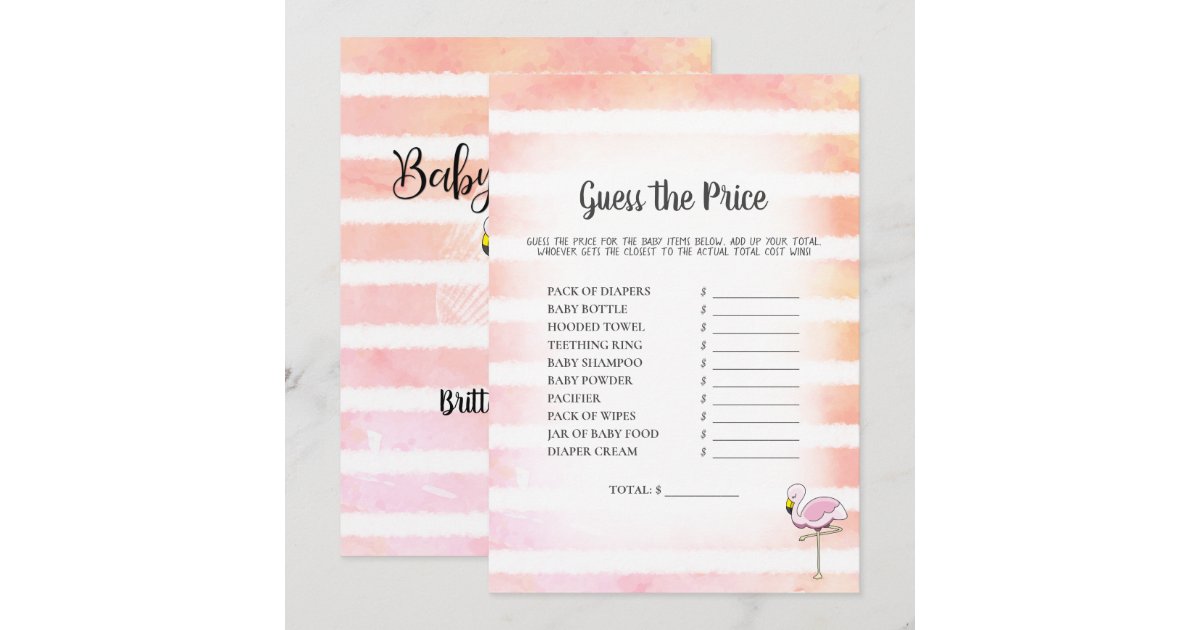 Coral Striped Flamingo Guess The Price Shower Game Invitation | Zazzle