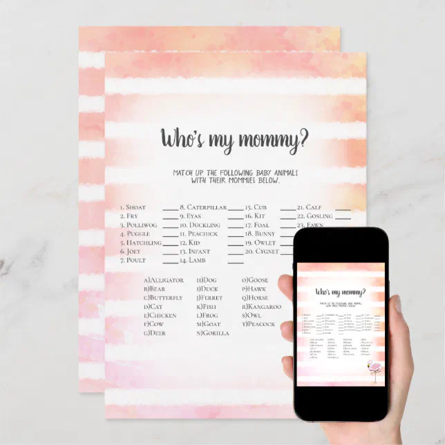 Coral Striped Flamingo Who's My Mommy Shower Game Invitation | Zazzle