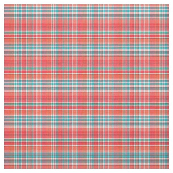 Coral, Teal, White Preppy Madras Style Plaid Sz3#2 Fabric | Zazzle