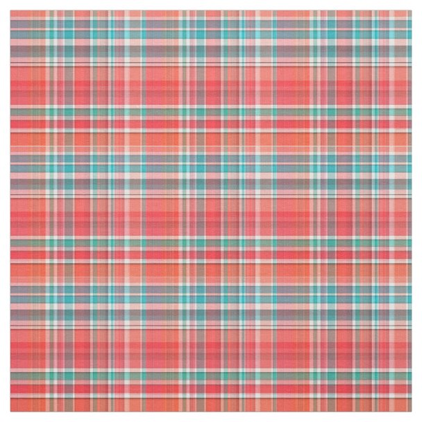 Coral, Teal, White Preppy Madras Style Plaid Sz3#2 Fabric | Zazzle