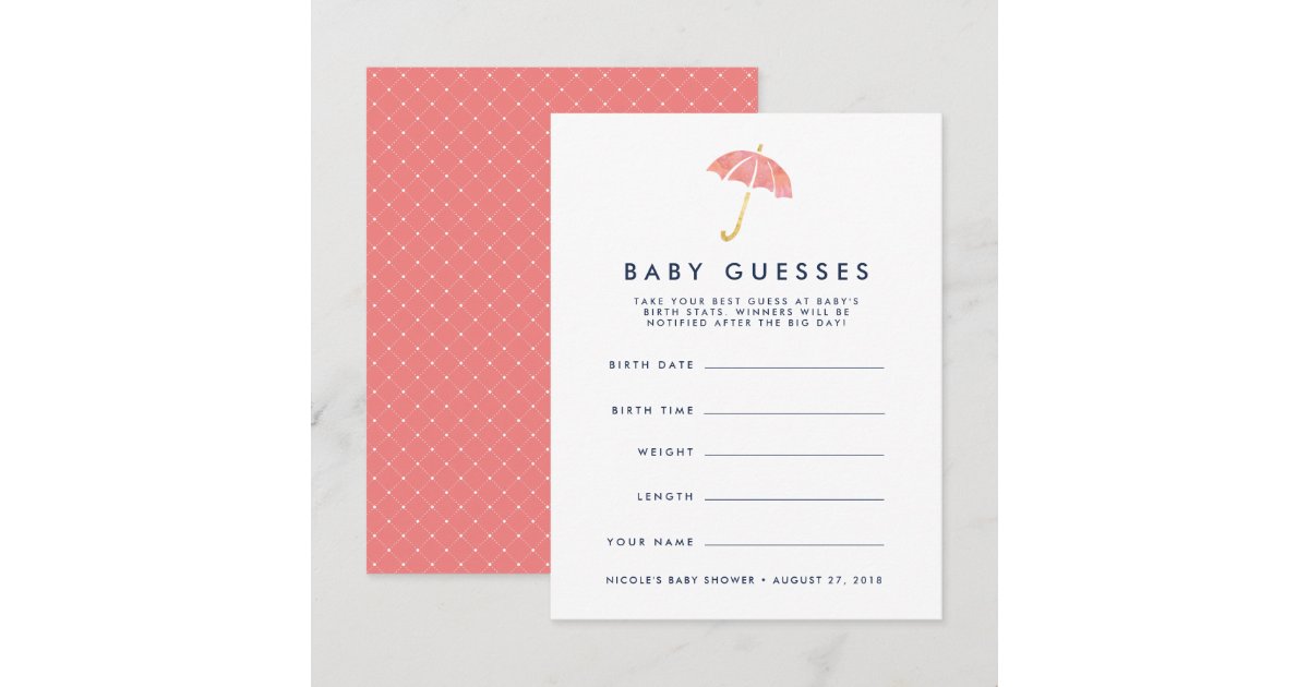 Coral Umbrella Baby Shower Guessing Game Invitation | Zazzle