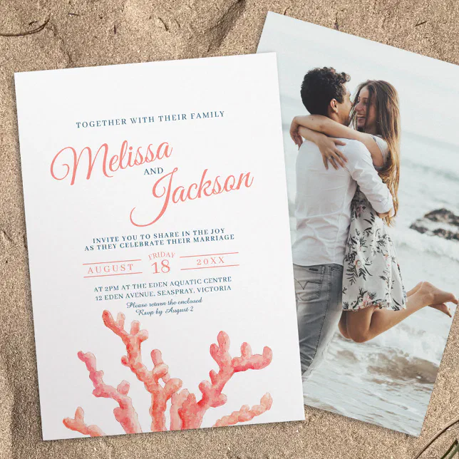 Coral watercolor art painting wedding photo invitation | Zazzle