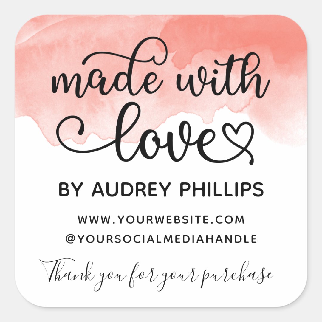 Coral Watercolor Cute Made With Love Square Sticker | Zazzle