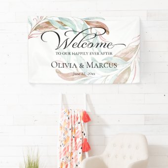 Coral Watercolor Foliage Wedding Welcome Sign | Zazzle