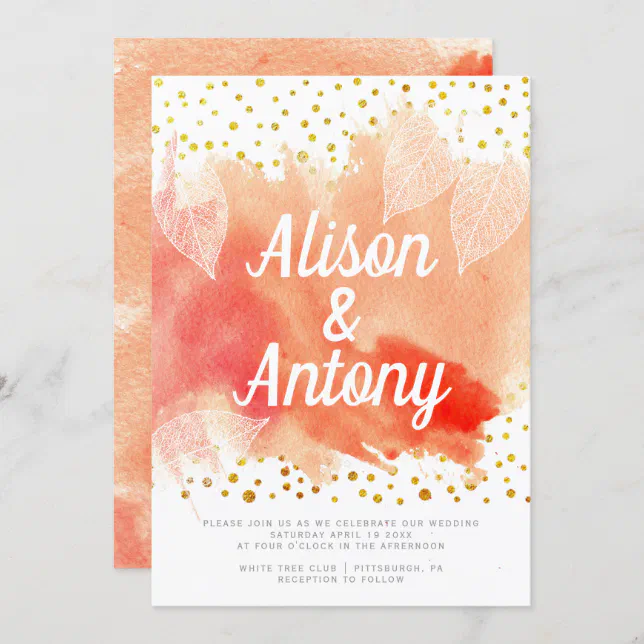 Coral watercolor, gold confetti typography wedding invitation | Zazzle