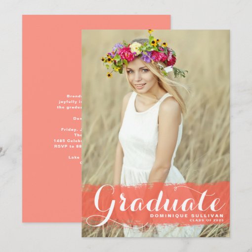 Coral Watercolor Splash Photo Graduation Invitation | Zazzle