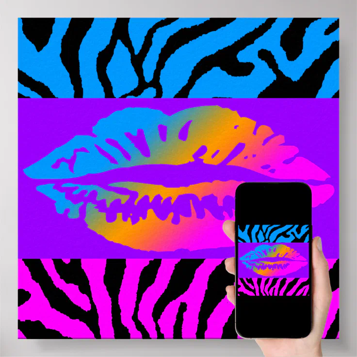 Corey Tiger 80s Retro Neon Lips Tiger Stripes Poster | Zazzle