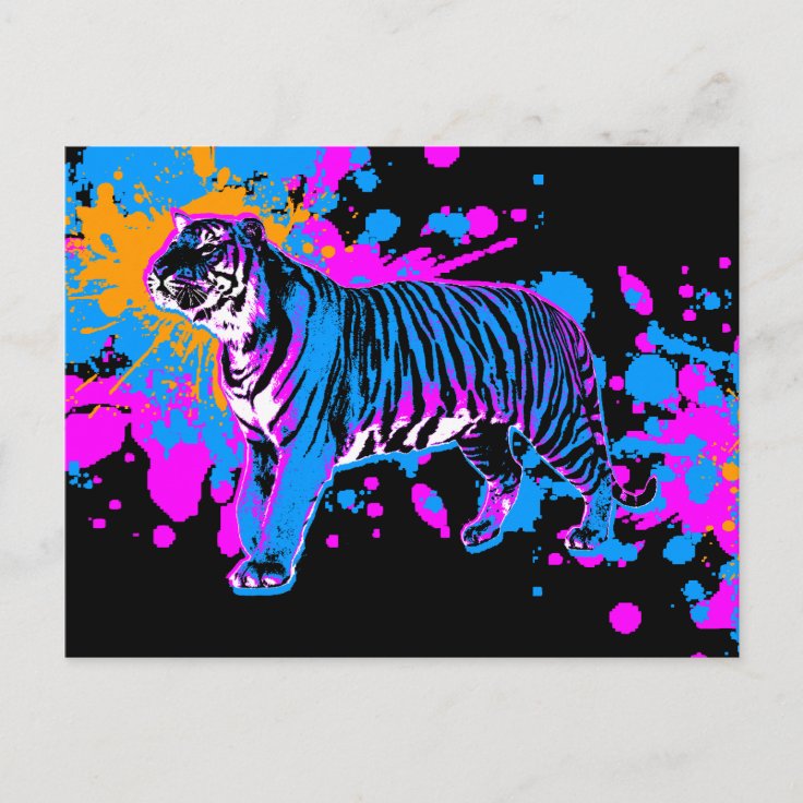 Corey Tiger '80s Retro Paint Splatter Tiger Postcard | Zazzle