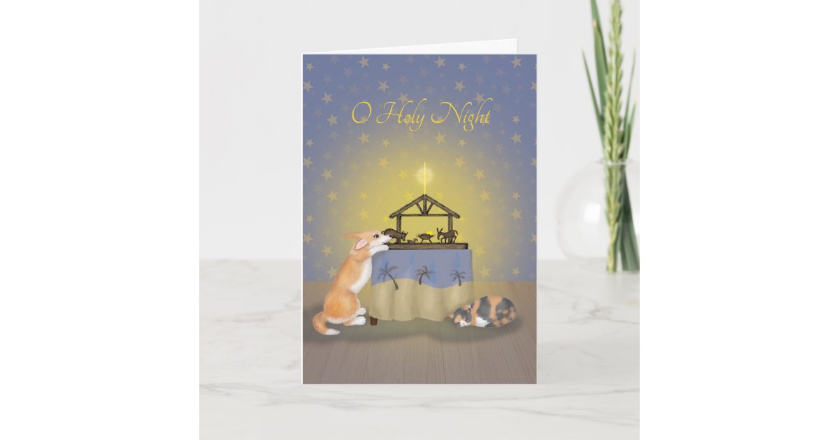 Corgi and cat with nativity scene Christmas card | Zazzle