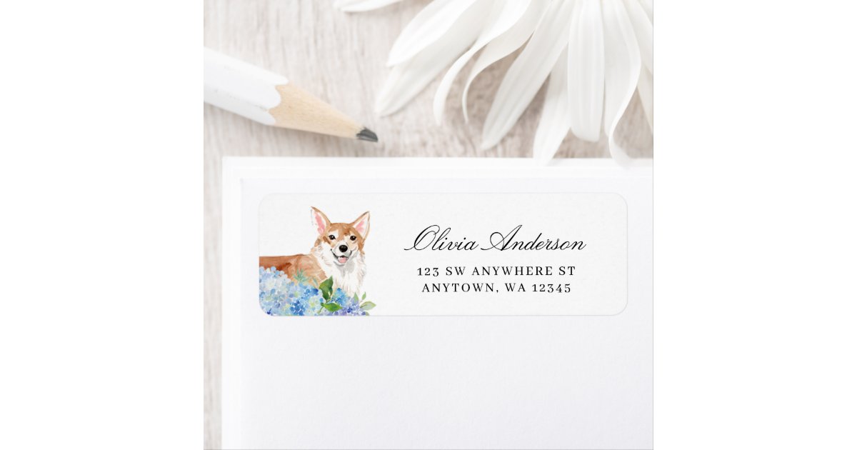 Corgi Blue Hydrangea Return Address Label | Zazzle