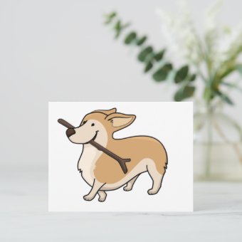 corgi cartoon w stick postcard | Zazzle