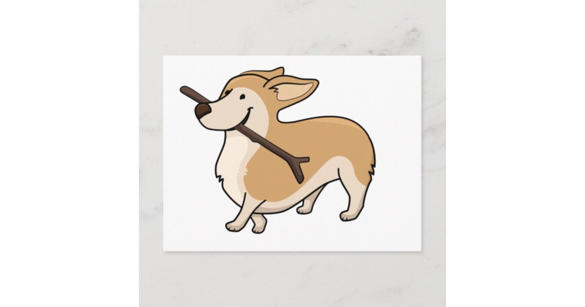 corgi cartoon w stick postcard | Zazzle