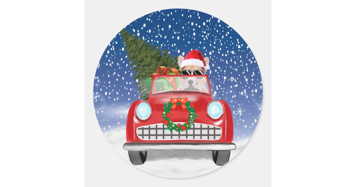 Corgi Dog Driving Car In Snow Christmas Classic Round Sticker | Zazzle