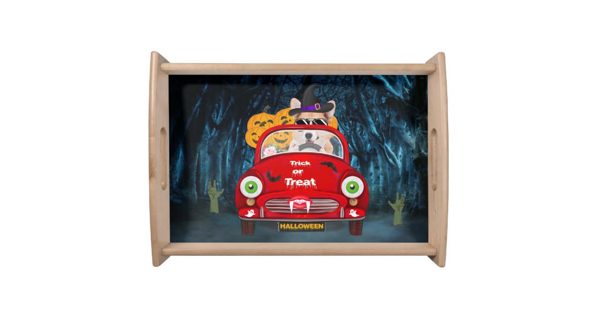 Corgi Dog Driving Car Scary Halloween Serving Tray | Zazzle