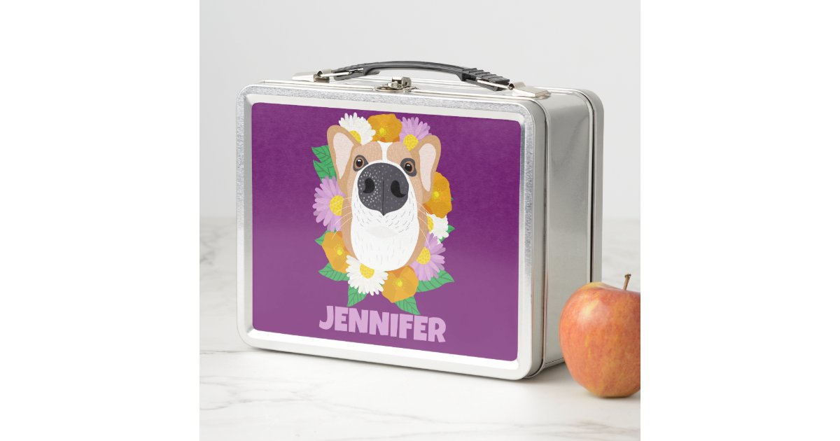 Corgi Dog with Flowers Purple Personalized Metal Lunch Box | Zazzle