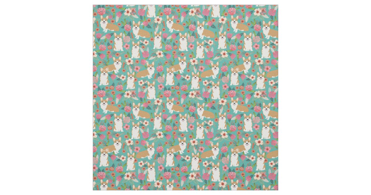 corgi dogs vintage florals turquoise fabric | Zazzle