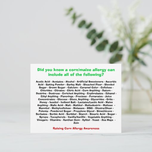Corn Allergy List - Postcard | Zazzle