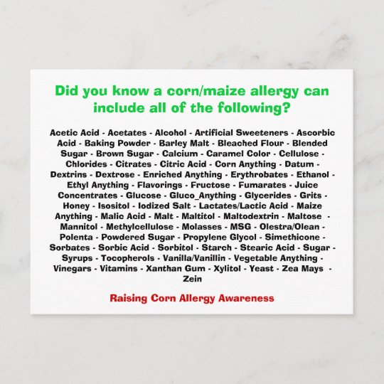 Corn Allergy List - Postcard | Zazzle.com