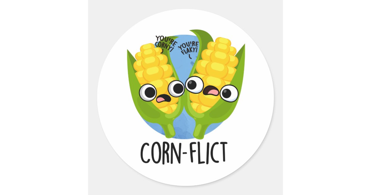 Corn-flict Funny Corn Flake Pun Classic Round Sticker | Zazzle