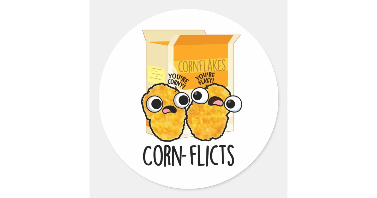 Corn-flicts Funny Corn Flakes Pun Classic Round Sticker | Zazzle
