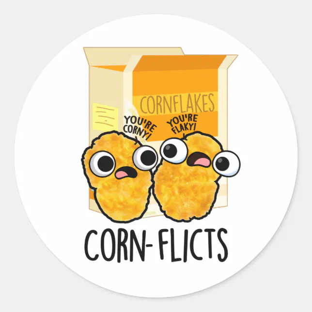 Corn-flicts Funny Corn Flakes Pun Classic Round Sticker | Zazzle