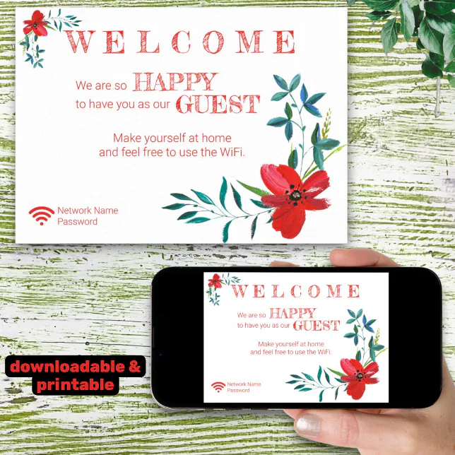 Corner Red Flowers Welcome Guest Wifi Password Poster | Zazzle
