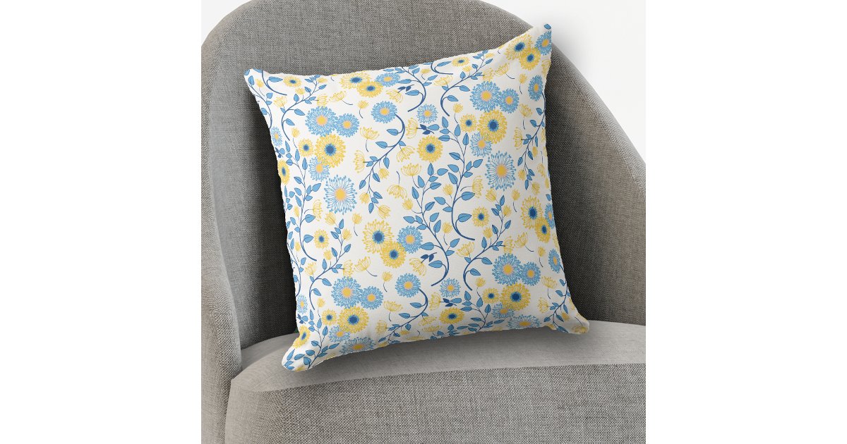 Cornflower Blue and Yellow Floral Pattern Throw Pillow | Zazzle
