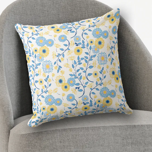 Cornflower Blue and Yellow Floral Pattern Throw Pillow | Zazzle