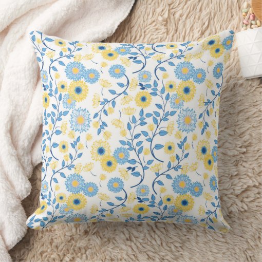 Cornflower Blue and Yellow Floral Pattern Throw Pillow | Zazzle