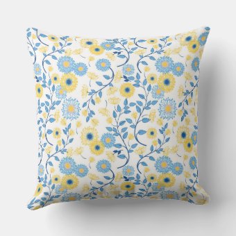 Cornflower Blue and Yellow Floral Pattern Throw Pillow | Zazzle