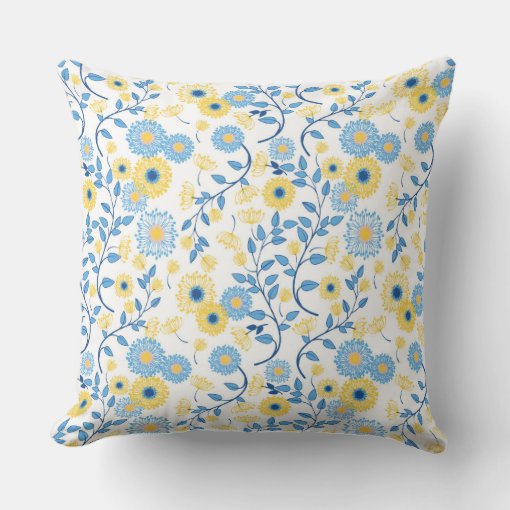 Cornflower Blue and Yellow Floral Pattern Throw Pillow | Zazzle
