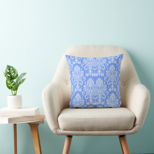 Cornflower Blue Victorian Damask Throw Pillow | Zazzle