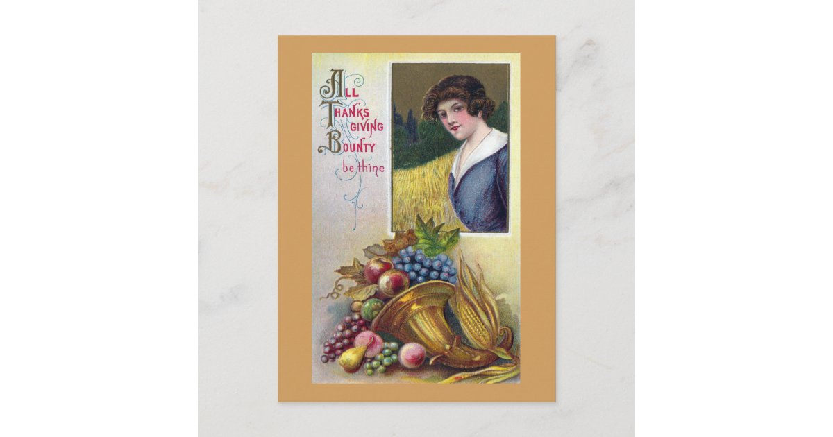 Cornucopia, Grapes and Lady Vintage Thanksgiving Holiday Postcard | Zazzle