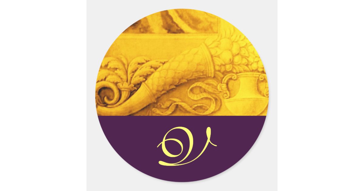 CORNUCOPIA MONOGRAM , bright gold yellow purple Classic Round Sticker ...