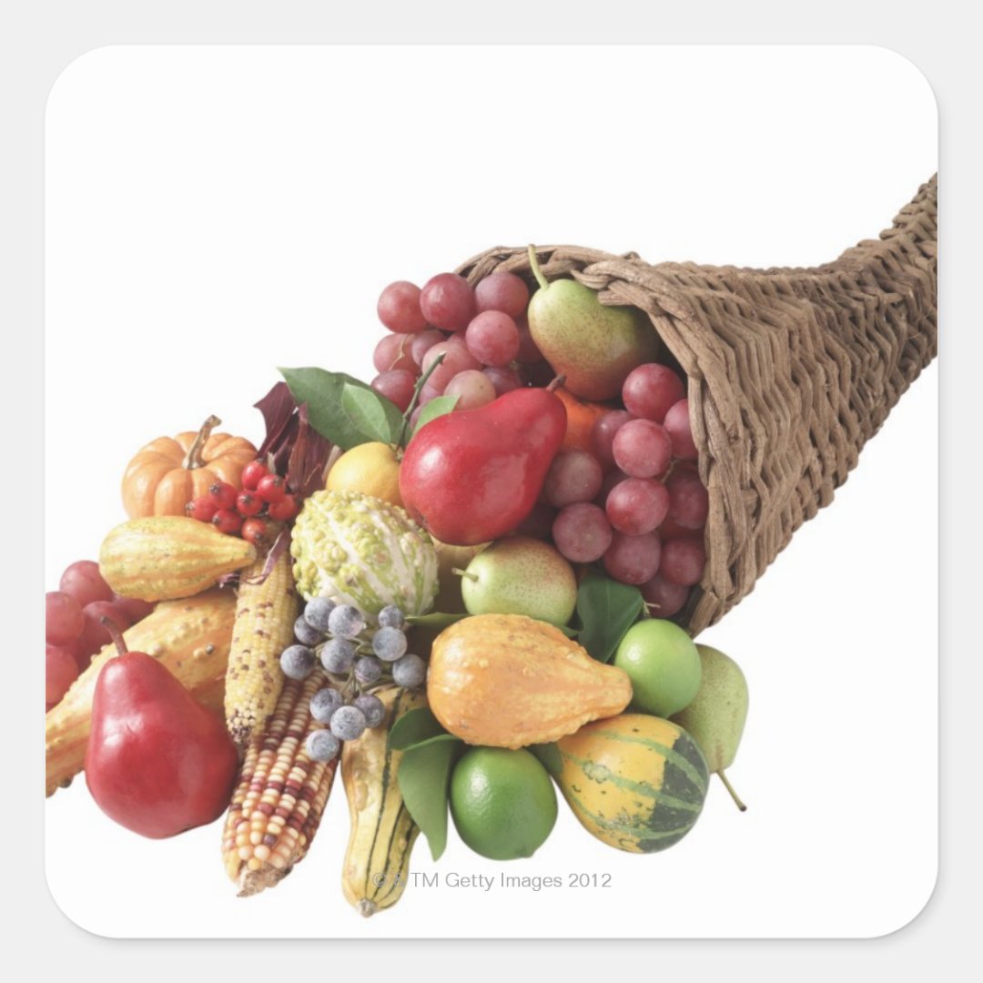 Cornucopia of fruit and vegetables square sticker | Zazzle