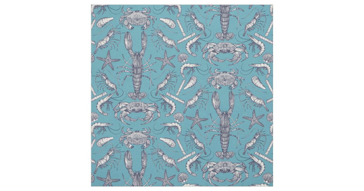 cornwall crustaceans damask blue teal fabric | Zazzle