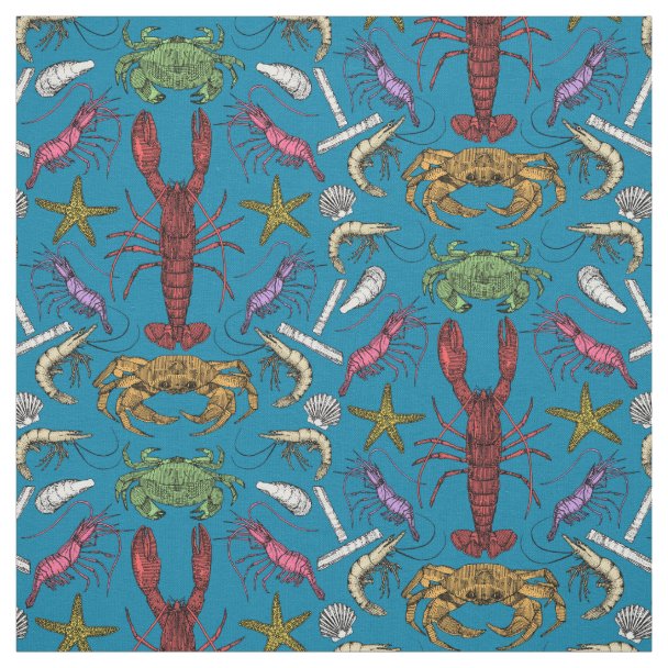 cornwall crustaceans damask blue teal fabric | Zazzle