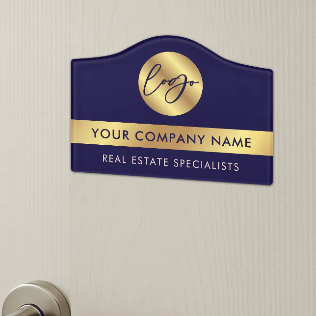 Corporate Business Navy Blue & Gold Logo Door Sign | Zazzle