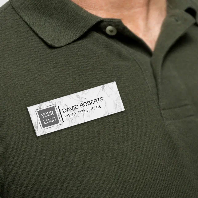 Corporate Custom Logo Modern White Marble Name Tag | Zazzle