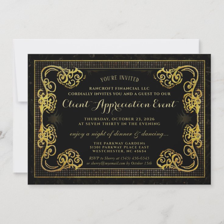 Corporate Event Gold & Black Fancy Border Invitation | Zazzle