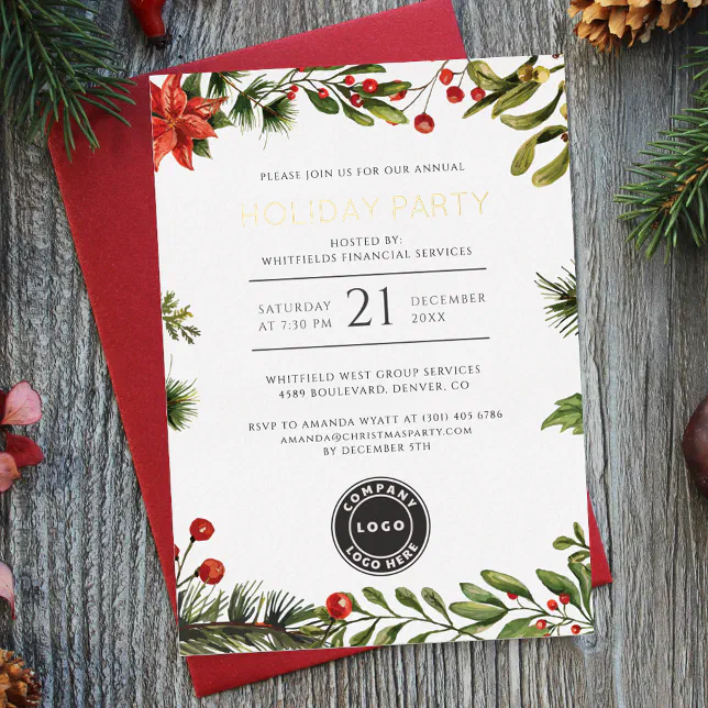 Corporate Festive Christmas Holiday Party Gold Foil Invitation | Zazzle