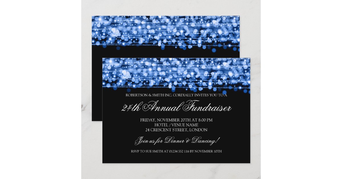 Corporate Fundraiser Gala Party Sparkles Blue Invitation | Zazzle