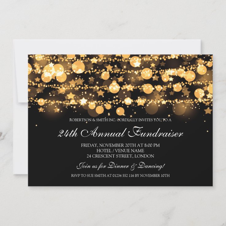 Corporate Fundraiser Gold Sparkling String Lights Invitation | Zazzle