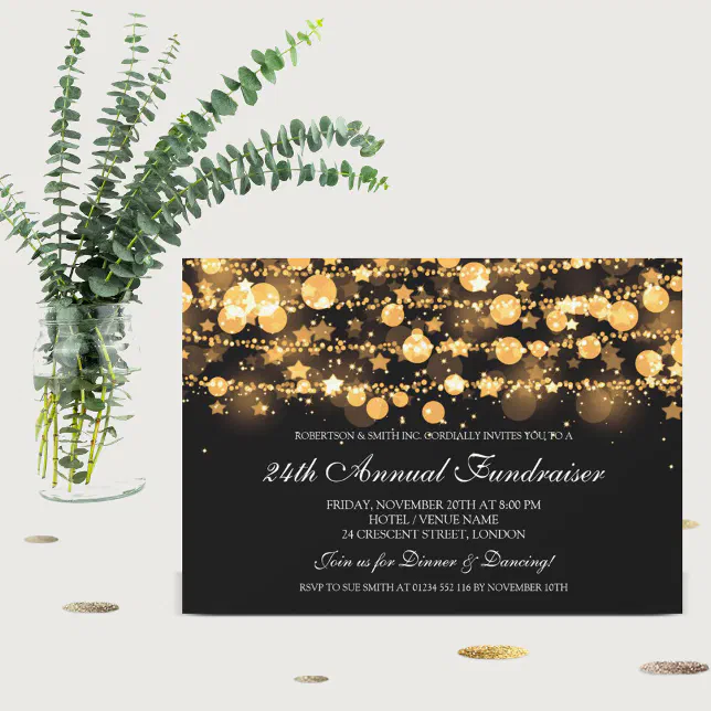 Corporate Fundraiser Gold Sparkling String Lights Invitation | Zazzle