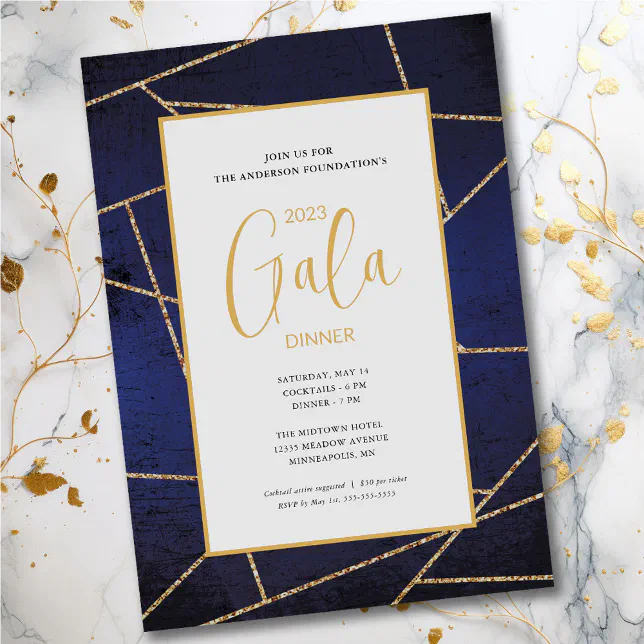 Corporate Gala Dinner Elegant Blue and Gold Invitation | Zazzle