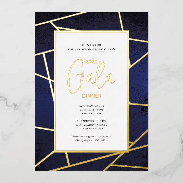 Corporate Gala Dinner Elegant Blue Gold Foil Invitation | Zazzle