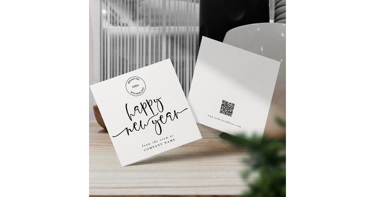 Corporate Happy New Year Logo QR Code Black White Holiday Card | Zazzle