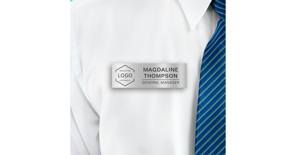 Corporate Logo Employee Metallic Silver Name Tag | Zazzle
